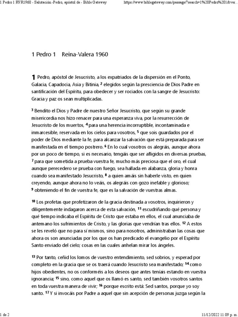 1 Pedro 1 RVR1960 - Salutación -Pedro, apóstol de - Bible Gateway | PDF ...