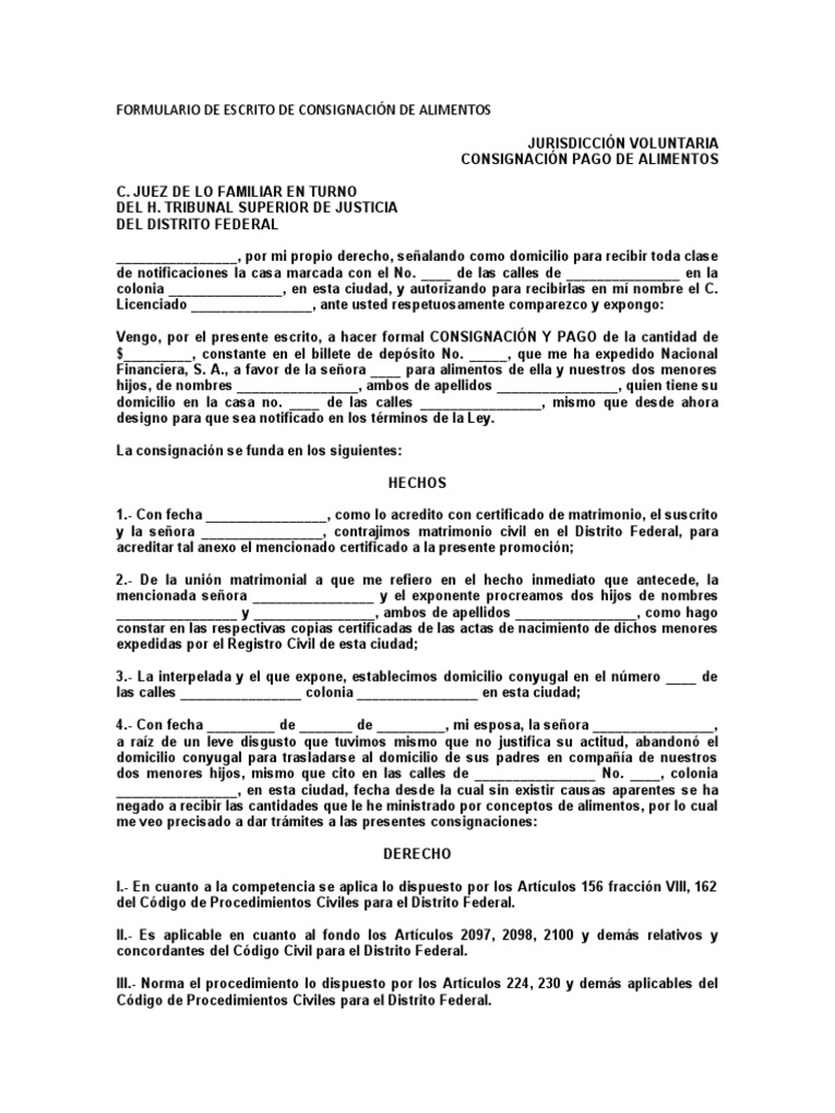 Formulario de Escrito de Consignación de Alimentos | PDF ...