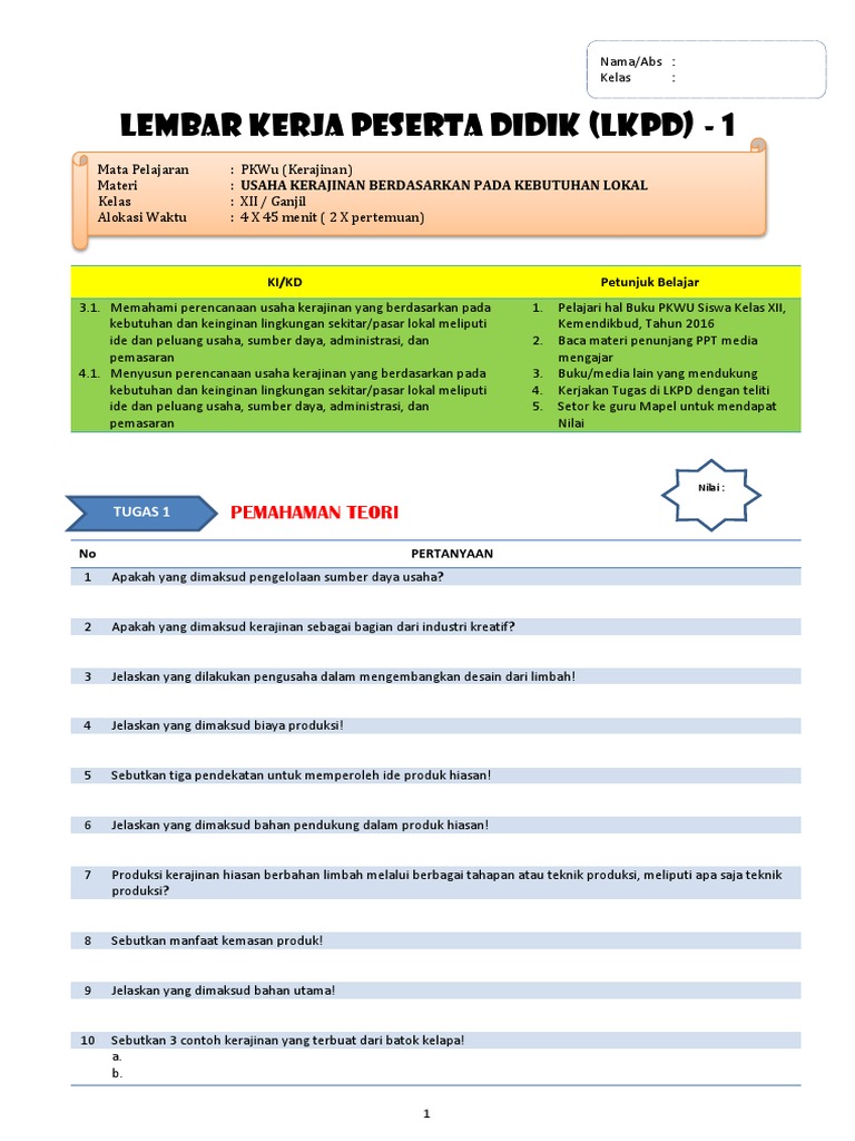Lembar Kerja Peserta Didik LKPD 1 | PDF