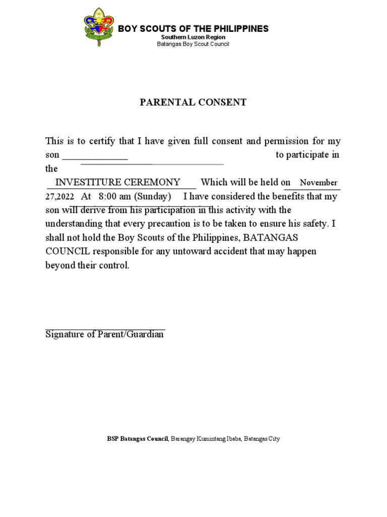 Parent Consent for Boy Scouts Event | PDF