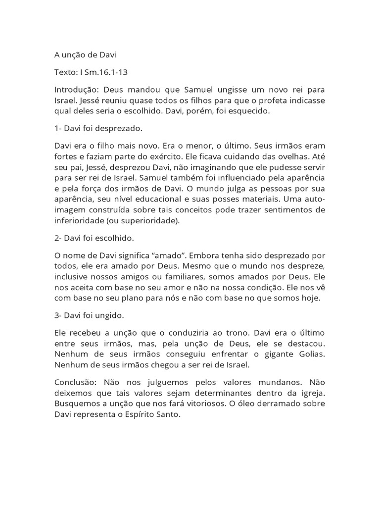 O desprezado Davi escolhido e ungido por Deus | PDF