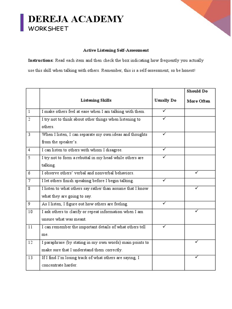 Active Listening Self-Assessment Tool | PDF | Self-Improvement | Career ...