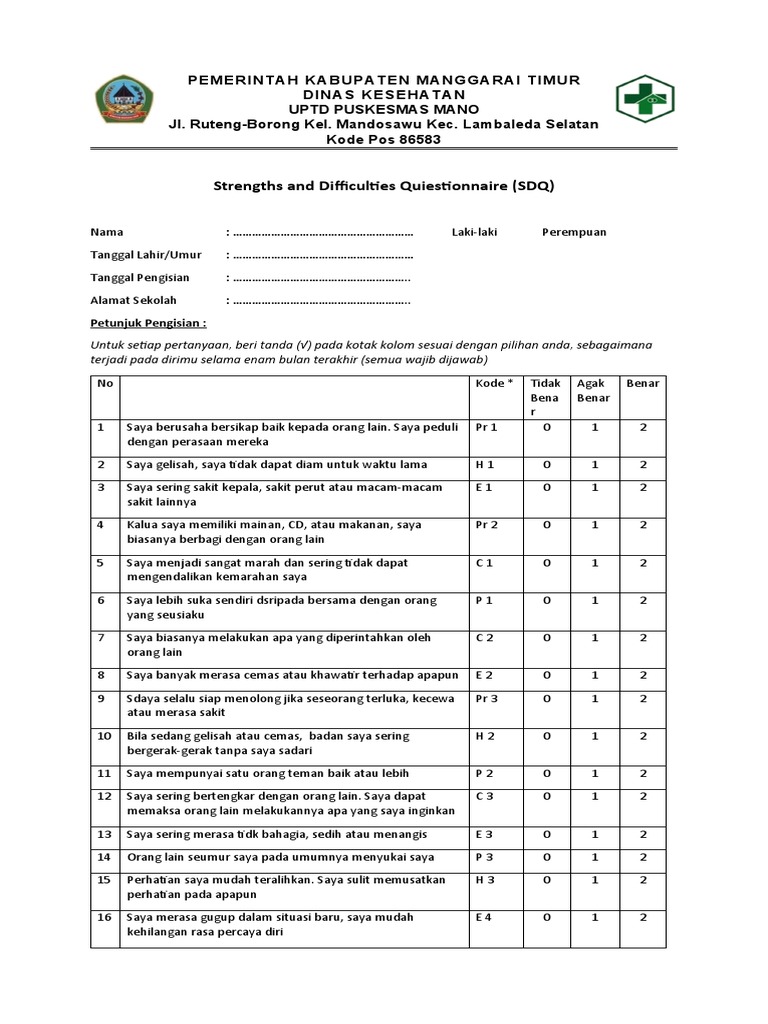 SDQ Usia Remaja-1 | PDF