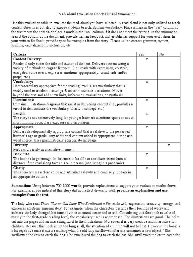 Read Aloud Evaluation Form | PDF | Vocabulary | Cognitive Psychology