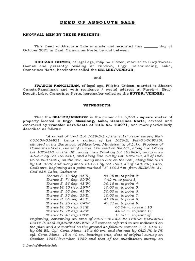 DEED OF ABSOLUTE SALE - (Sample) | PDF | Document | Property Law