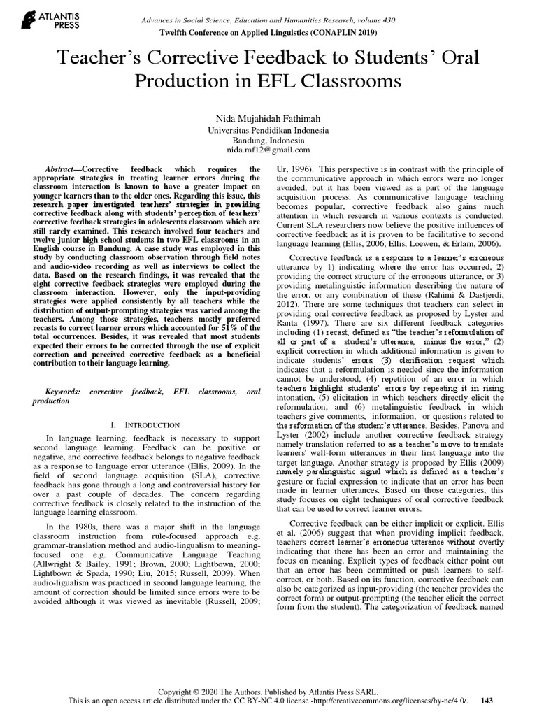 Teacher's Corrective Feedback To Students' Oral Production in EFL ...
