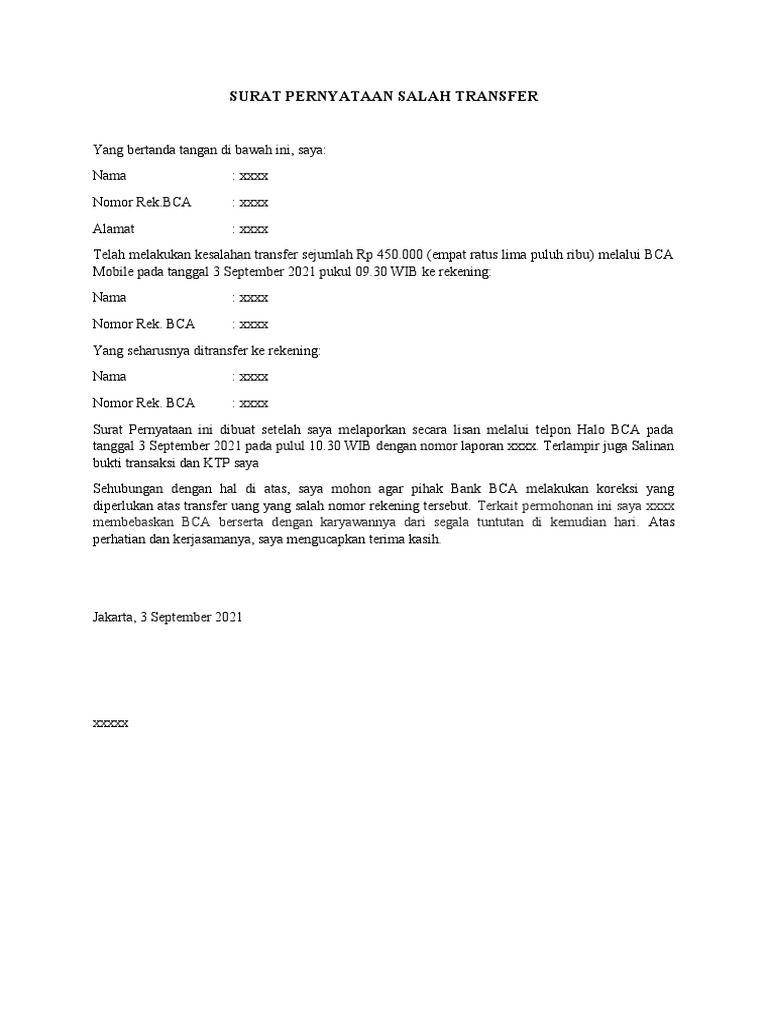 Surat Pernyataan Salah Transfer | PDF