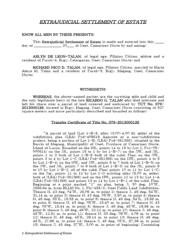 EXTRAJUDICIAL SETTLEMENT OF ESTATE - Talan | PDF | Property Law | Property