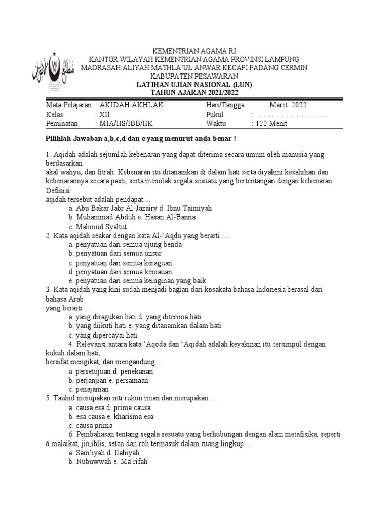 Soal Lun 2020 Ma Akidah | PDF