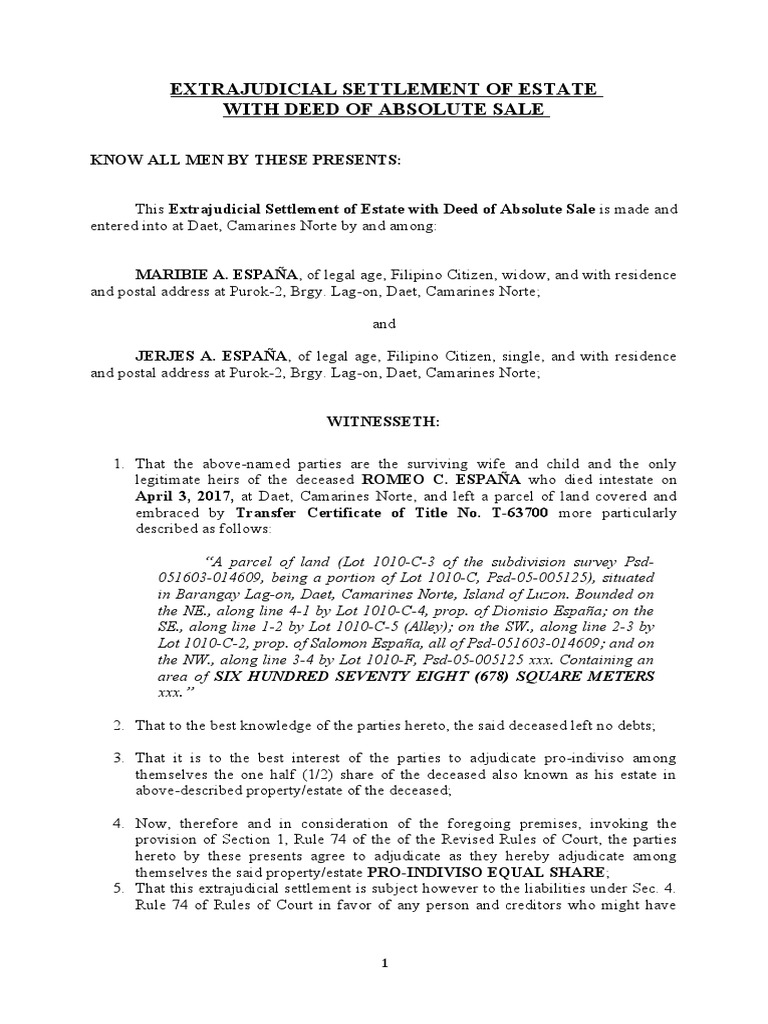 EXTRAJUDICIAL SETTLEMENT OF ESTATE WITH DEED OF ABSOLUTE SALE - España ...