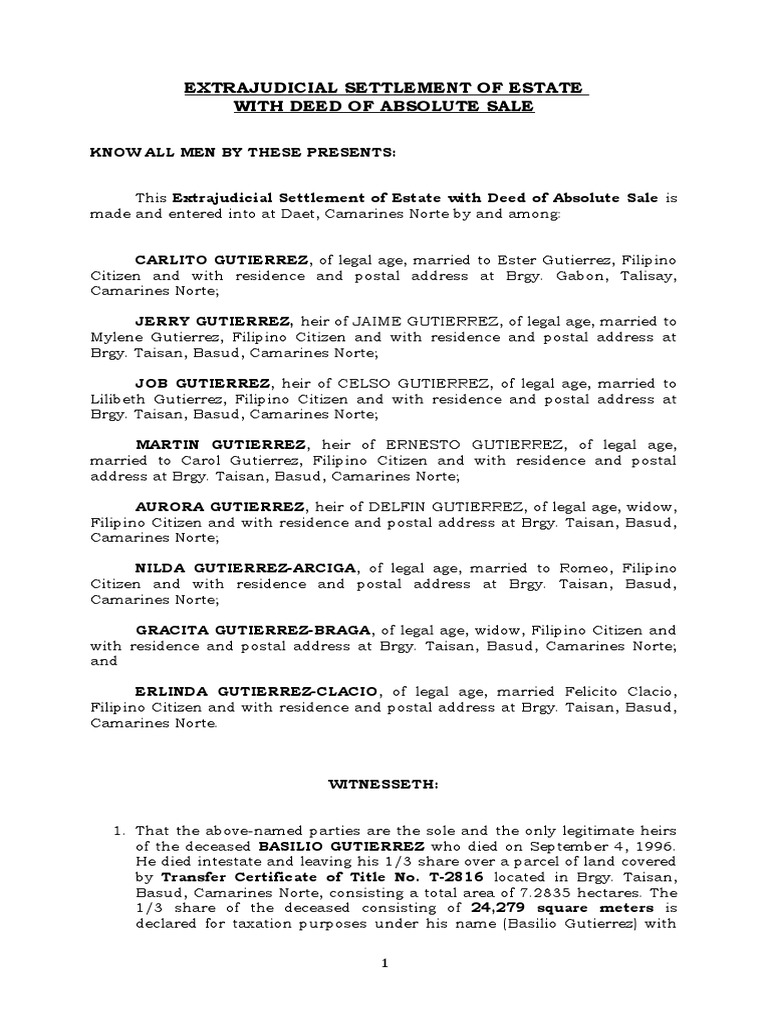 Extrajudicial Settlement and Sale Document | PDF | Justice | Crime & Violence