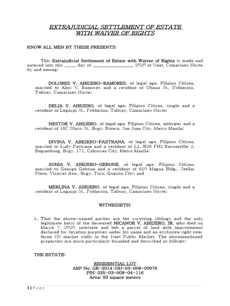 EXTRAJUDICIAL SETTLEMENT OF ESTATE WITH WAIVER OF RIGHTS - Abejero ...