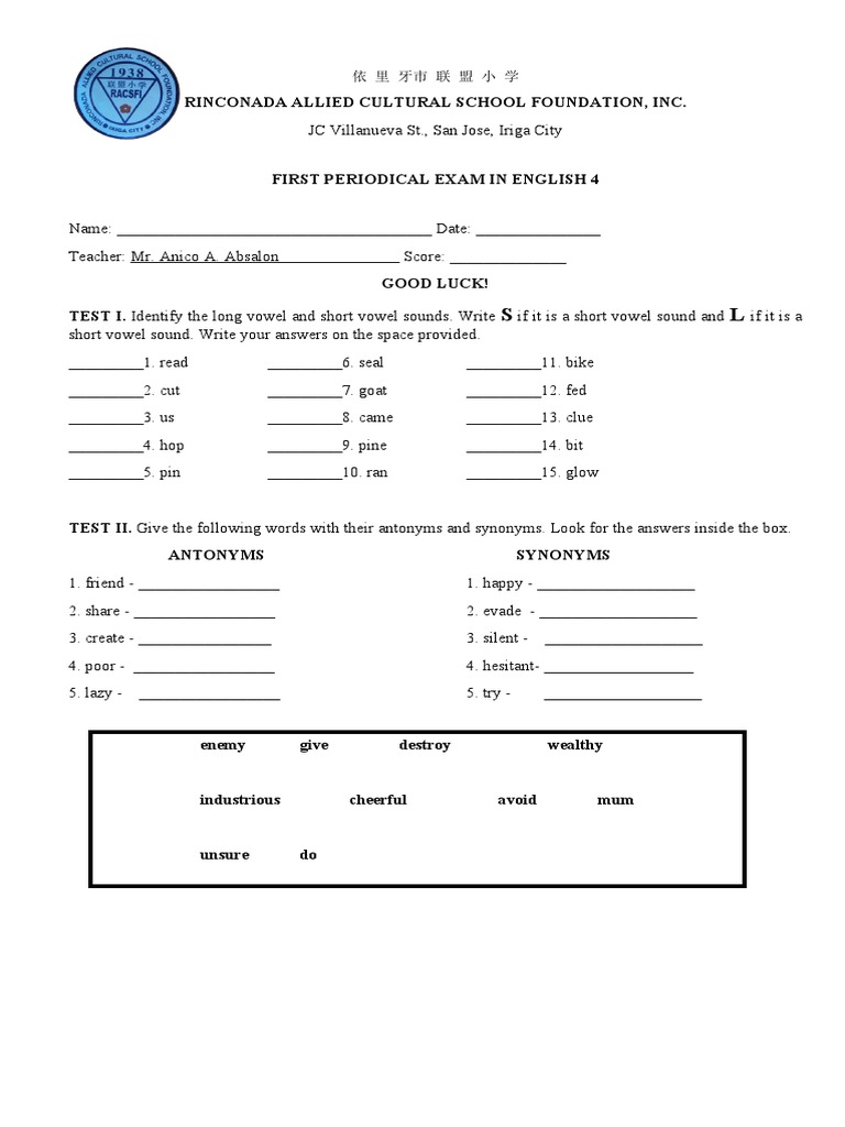 First Periodical Exam Test Papers Grade 4 | PDF | Toxicity | Chemistry