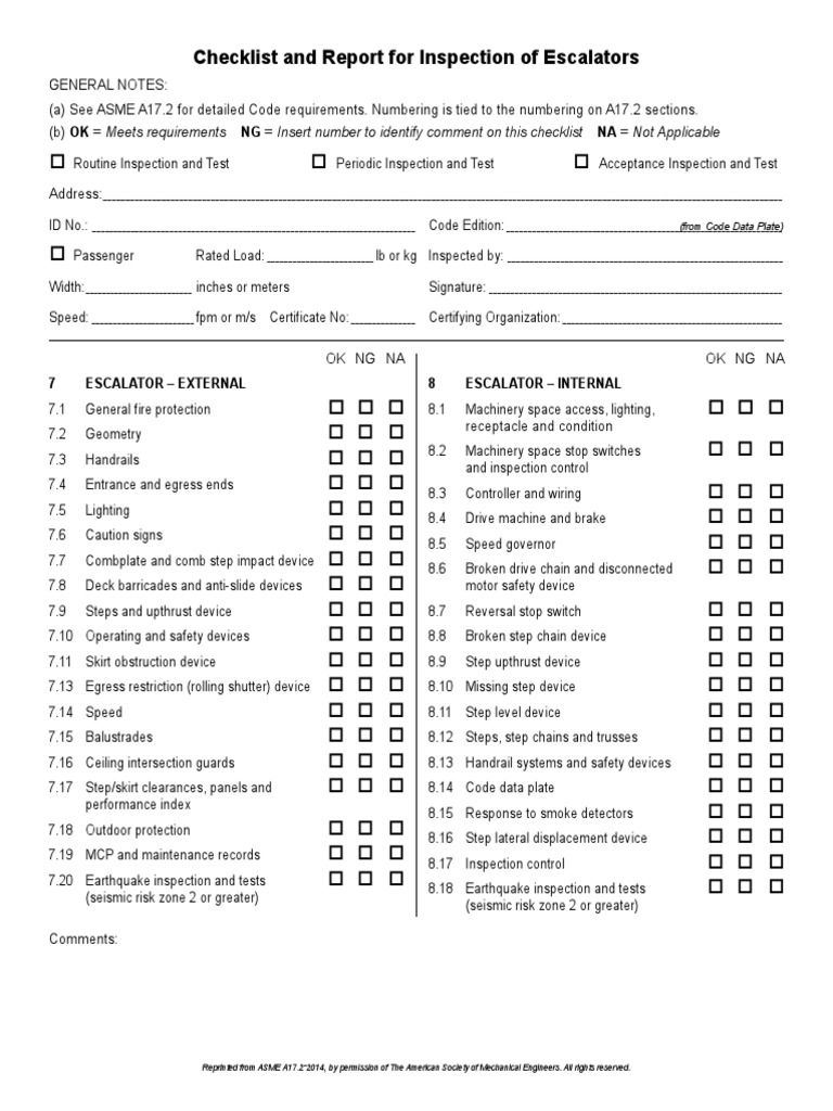 Escalator Inspection Checklist Report | PDF | Escalator | Civil Engineering