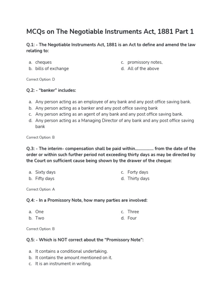 MCQs On The Negotiable Instruments Act, 1881 Part 1 | PDF | Negotiable ...
