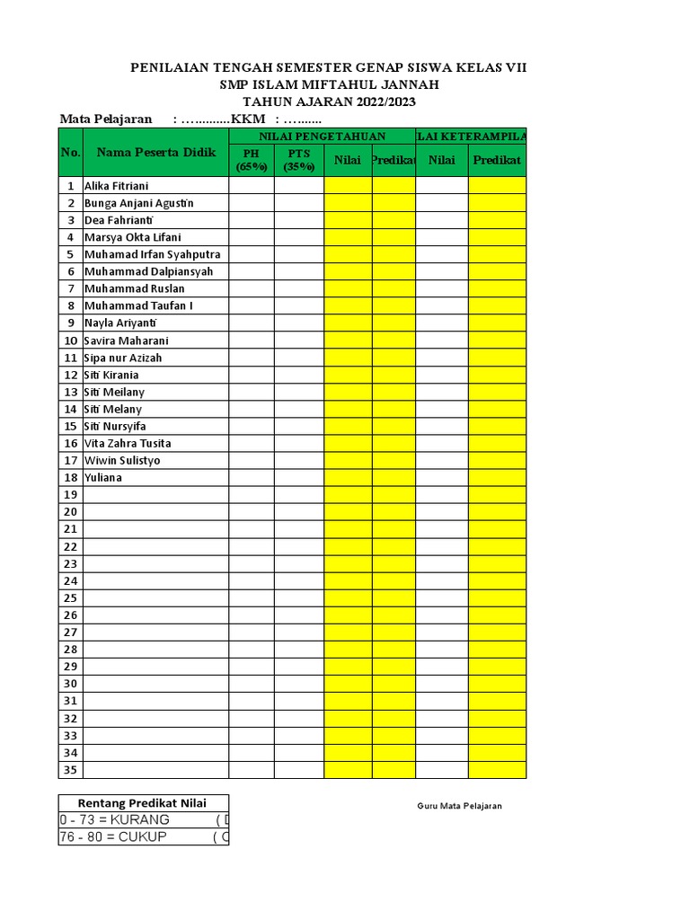 Format Penilaian PTS Ganjil | PDF