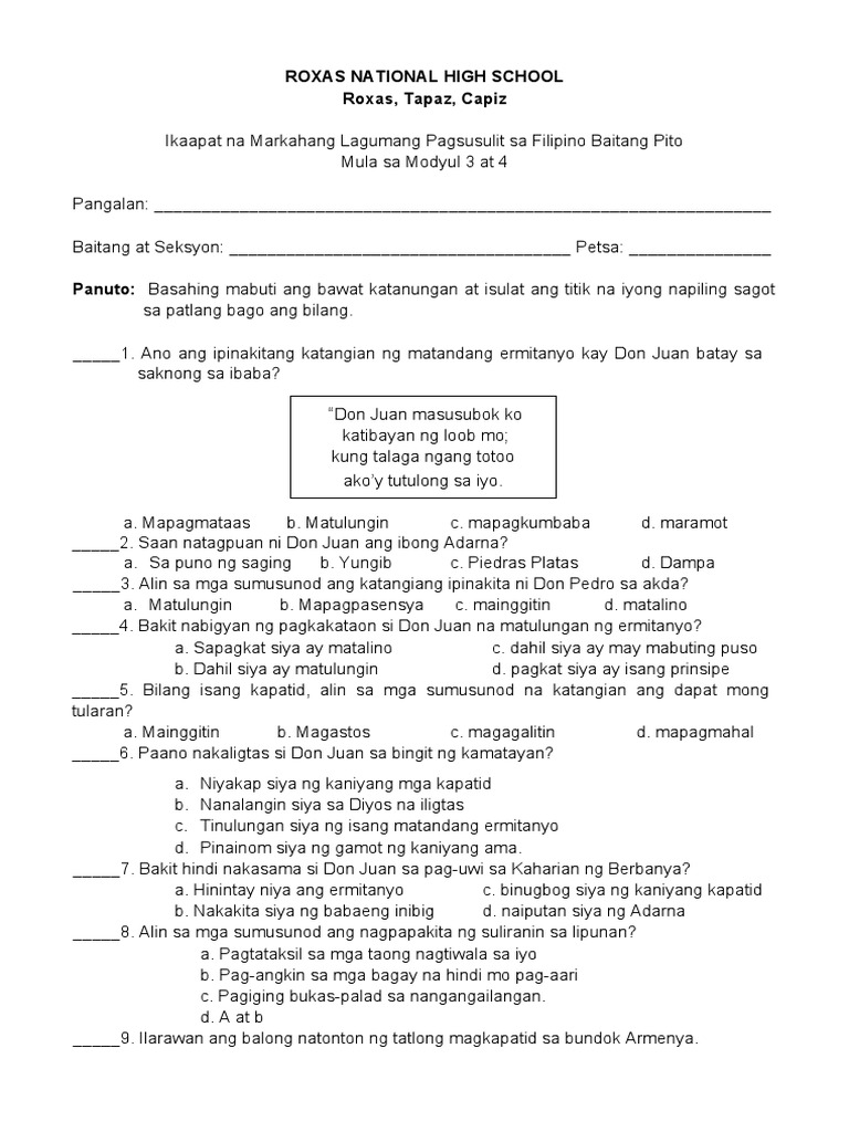 4th Quarter 2nd Summative Test in Filipino 7 | PDF