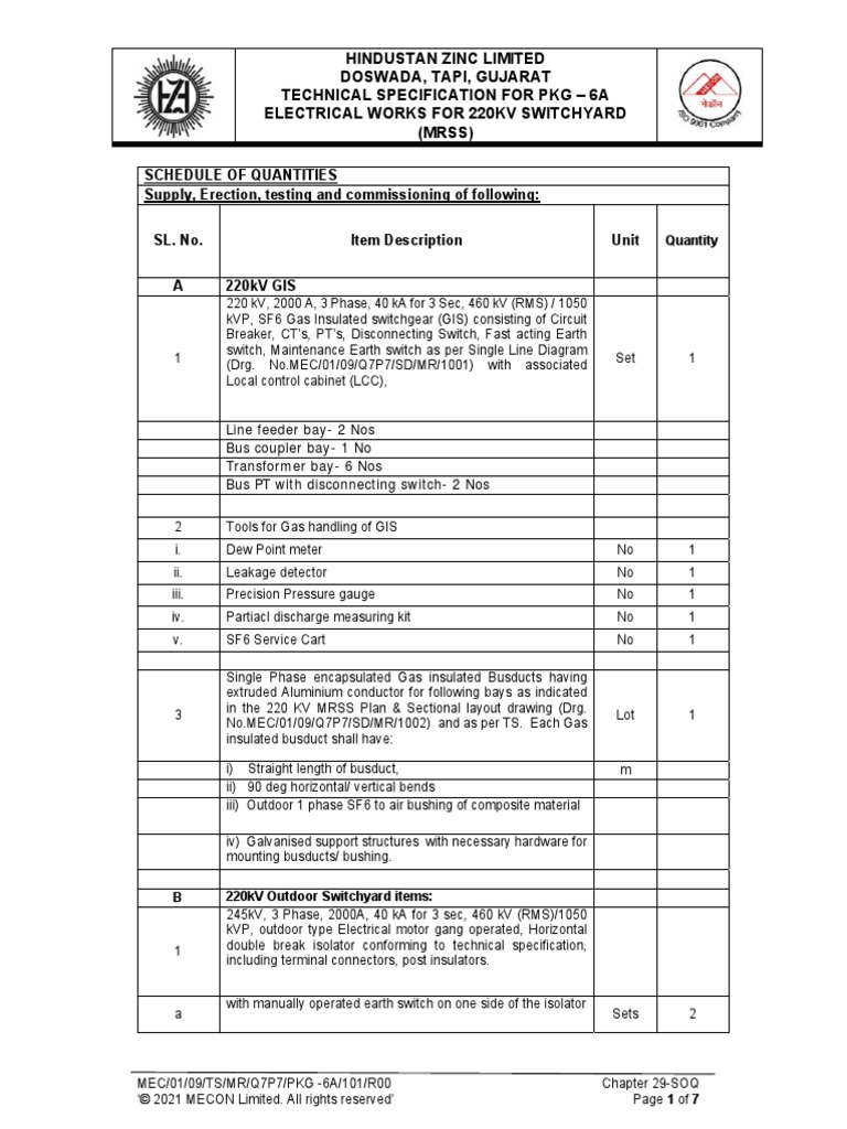 Schedule of Quantities GIS | PDF | Electrical Substation | Transformer