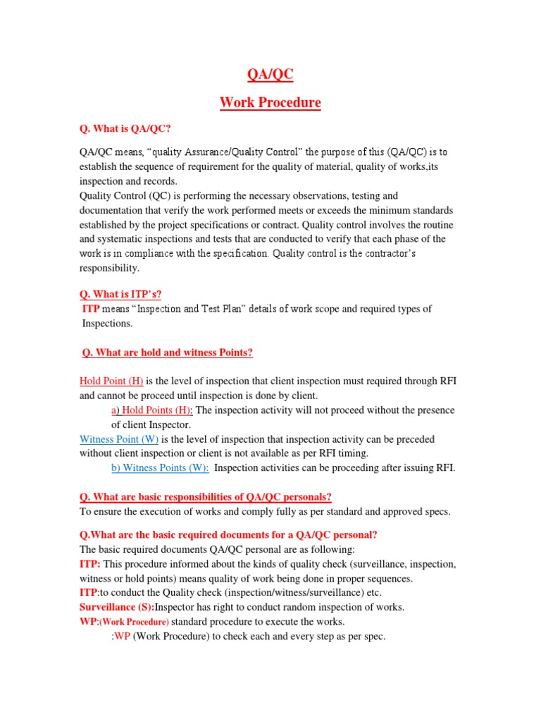 QA/QC Work Procedure Overview | PDF