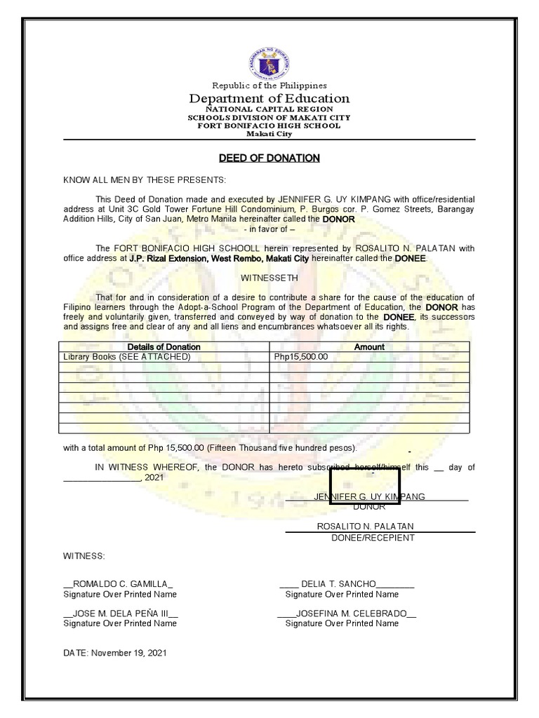 Deed of Donation Brigada Eskwela Doc 4 | PDF