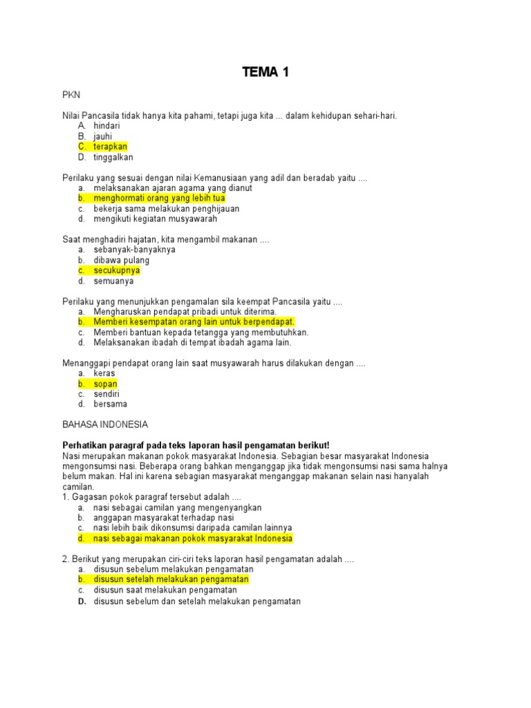 Tema 1: Perhatikan Paragraf Pada Teks Laporan Hasil Pengamatan Berikut ...
