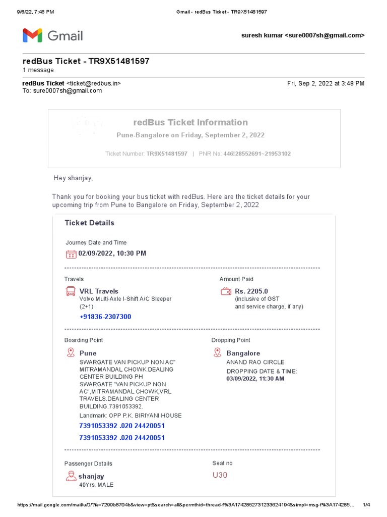 Gmail - Redbus Ticket - TR9X51481597 | PDF