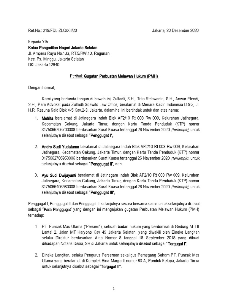 Gugatan PMH - Jaksel - Mefrita DKK | PDF | Hukum