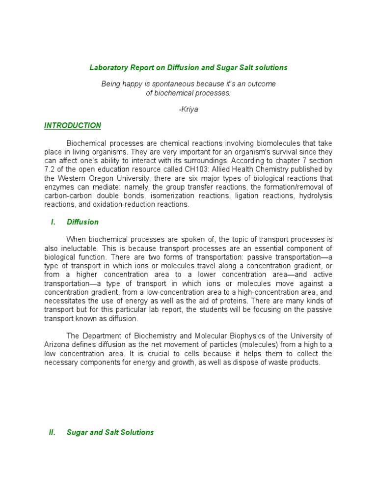 Laboratory Report On Diffusion and Sugar Salt Solutions | PDF | Salt ...