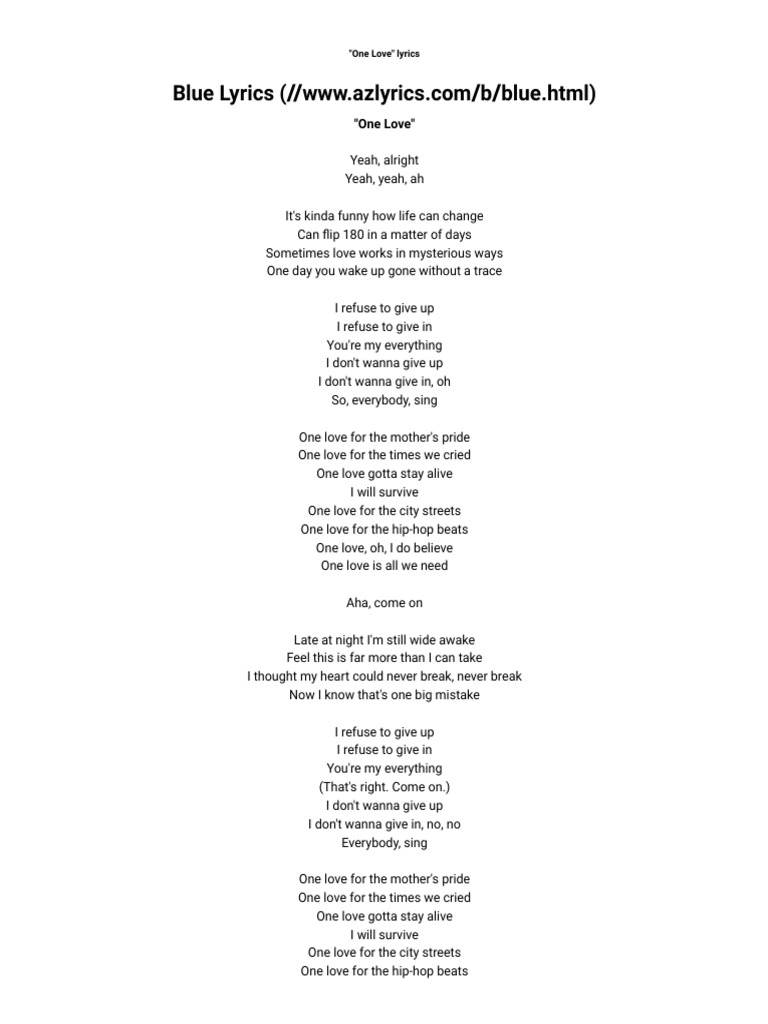 Blue - One Love Lyrics | PDF