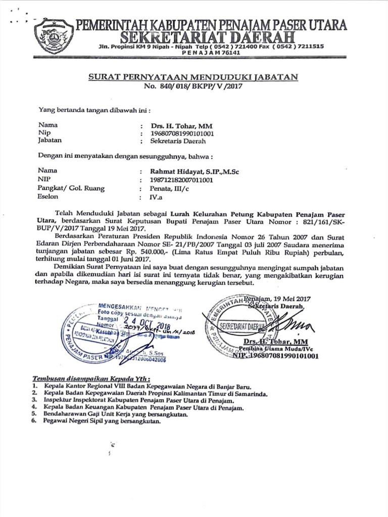 Surat Pernyataan Menduduki Jabatan (Rahmat Hidayat) | PDF