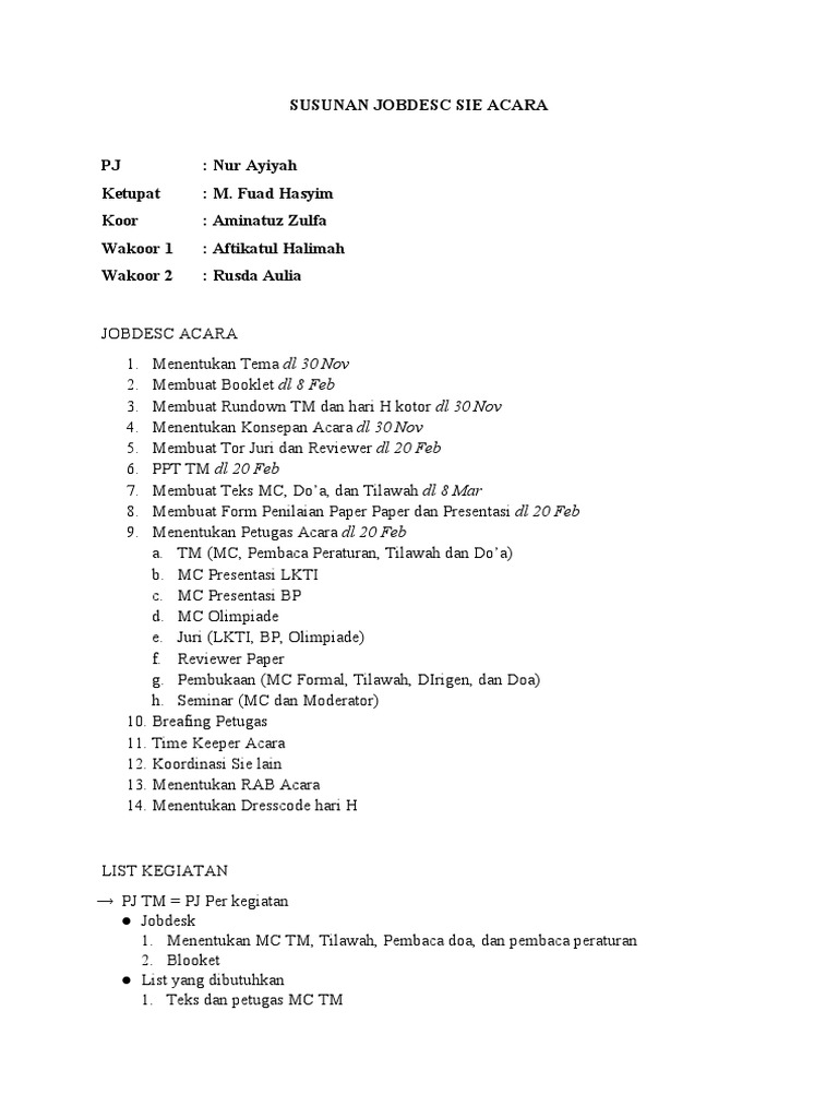 Susunan Jobdesc Sie Acara - Temilreg 2023 - Fix | PDF | Perjalanan ...