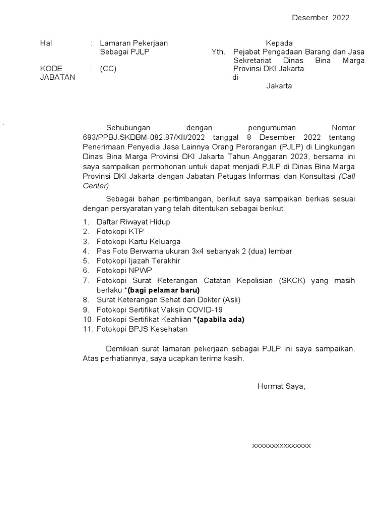 Format Surat Lamaran PJLP | PDF