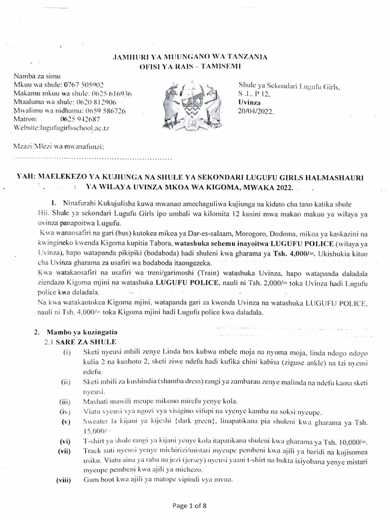 Website:lugufugirlssehool - Ac.tz: Lugufu S.L.P 12, Uvinza 20/04/2022 | PDF