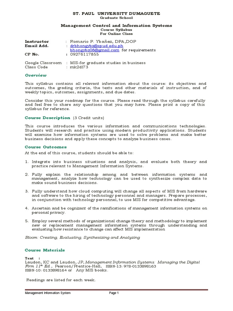 5 8 21 MIS Course Outline For Online Class | PDF | Management Information System | Information ...