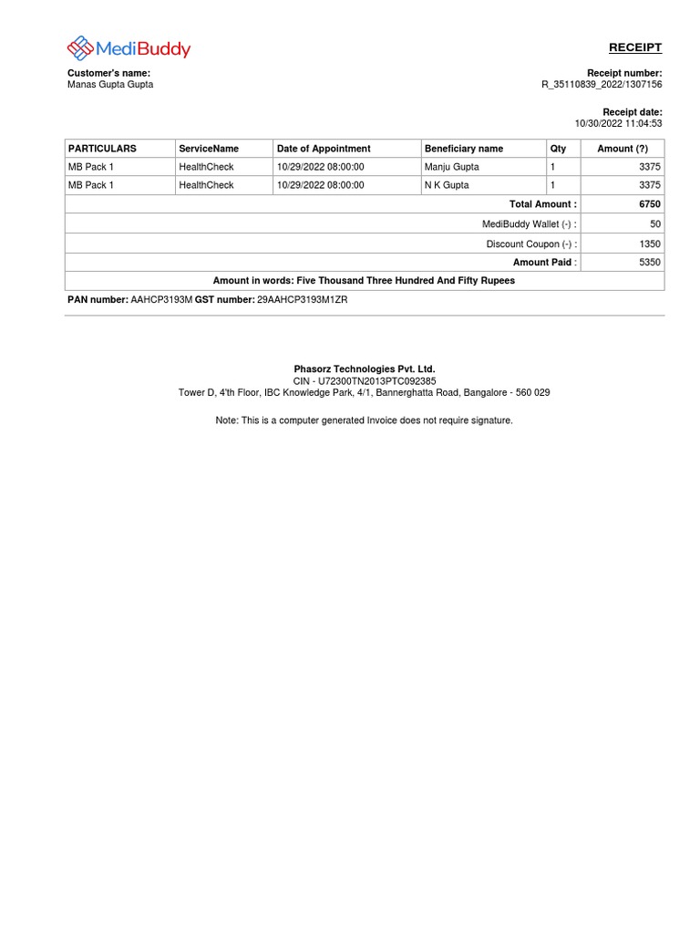 Health Check Receipt Details | PDF