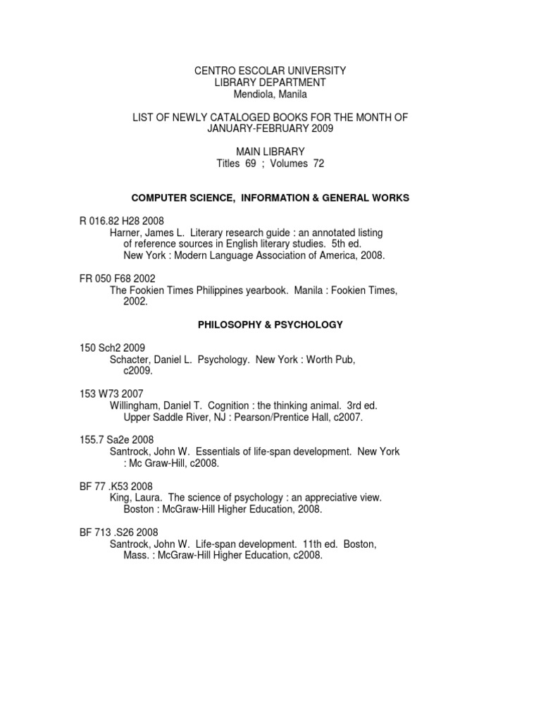 Centro Escolar University Library Catalogs Newly Acquired Books | PDF ...