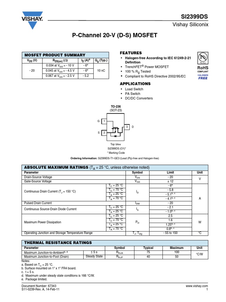 Si 2399 Ds | PDF | Field Effect Transistor | Diode