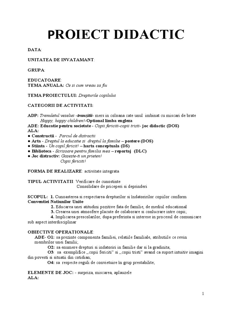 Proiect - Prescolar Drepturile - Copilului - Didactic | PDF