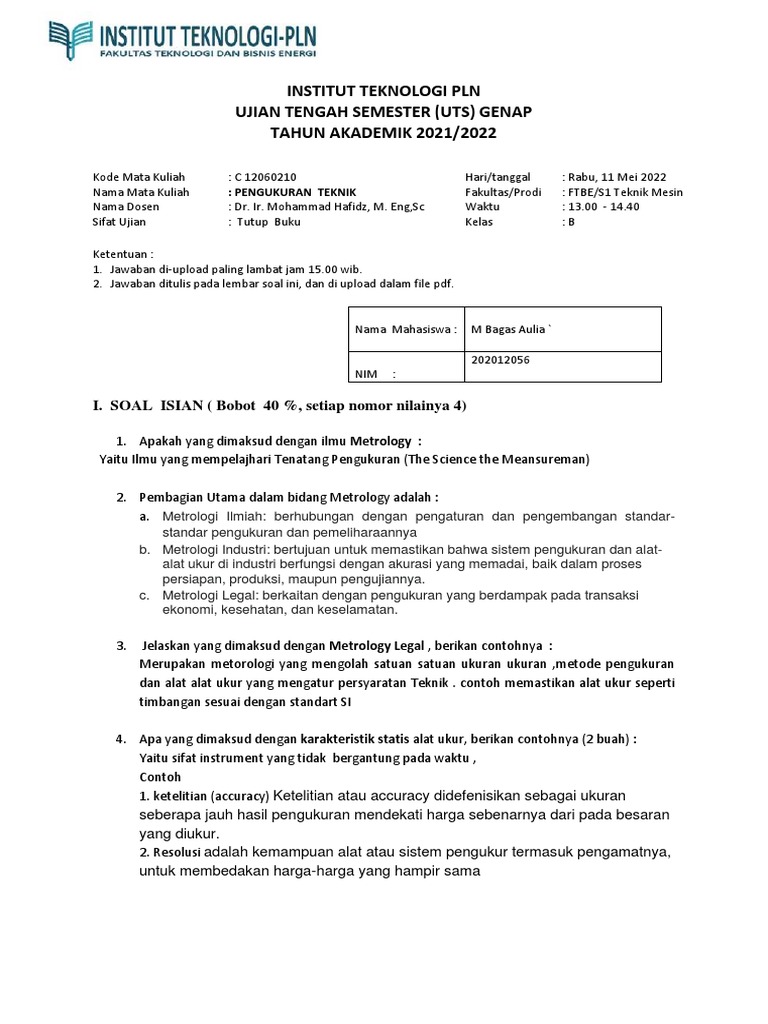 Uts - Pengukuran Teknik - M Bagas Aulia - 202012056 | PDF