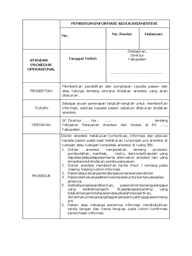 Contoh Format Sop Informasi Edukasi Pra Anestesi Rs | PDF