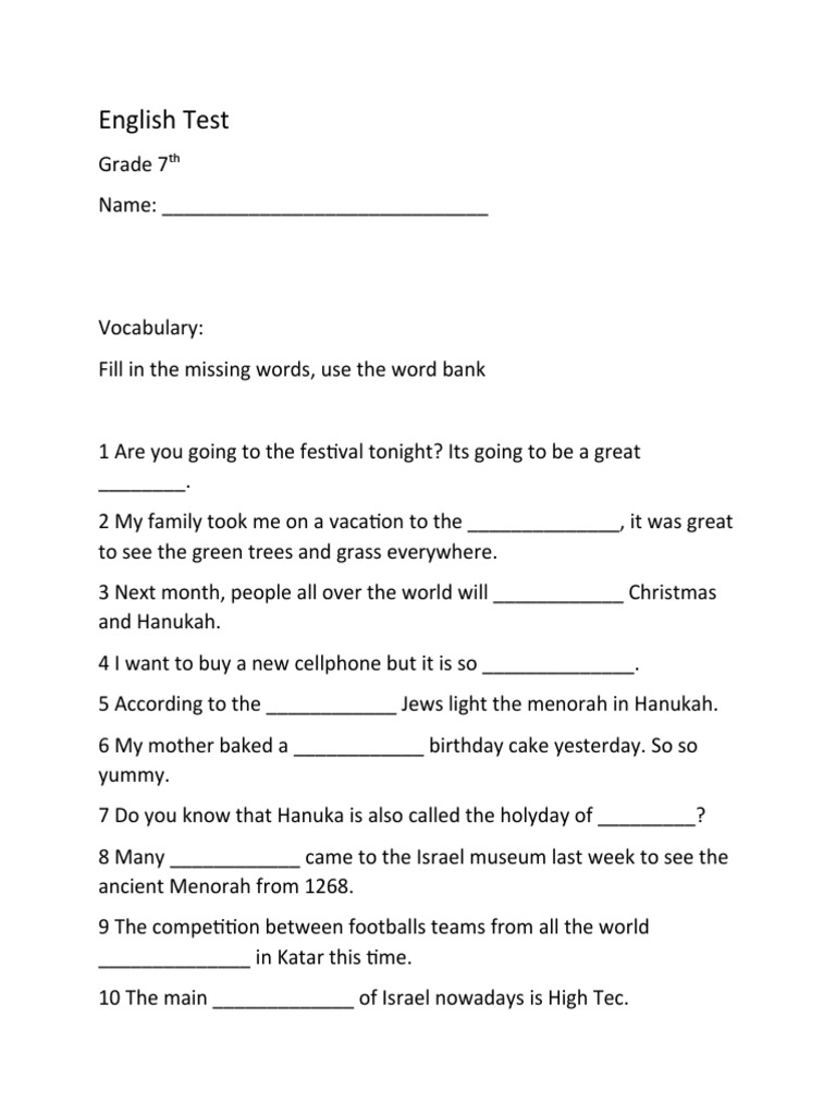 English Test Grade 7 2022 | PDF | Language Arts & Discipline | Wellness