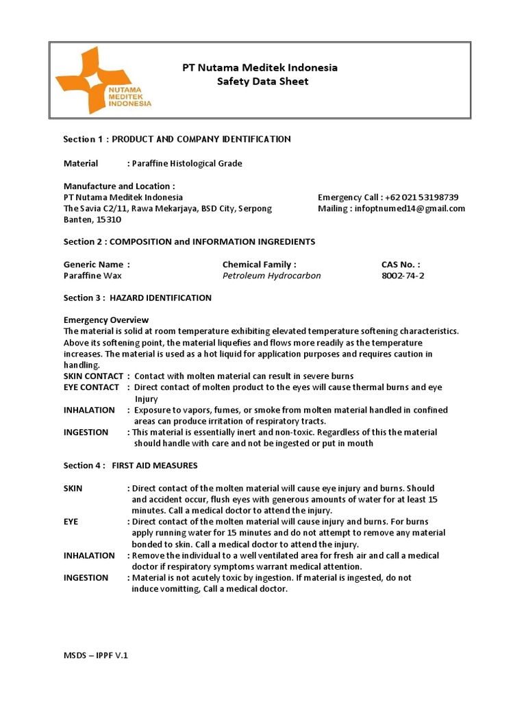 PT Nutama Meditek Indonesia Paraffin Wax MSDS | PDF | Occupational ...