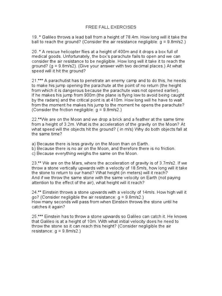 FREE FALL EXERCISES DT | PDF | Parachuting | Mechanics