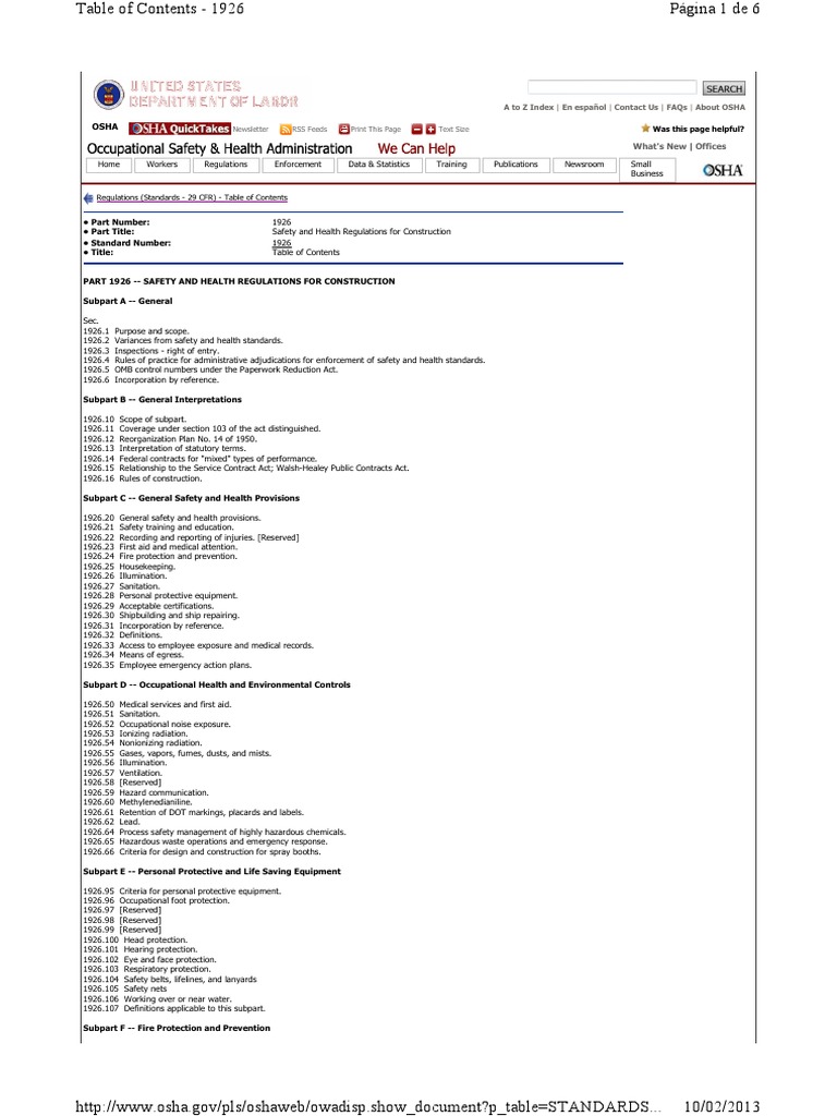OSHA Construction Safety and Health Regulations: Table of Contents for ... OSHA Construction Safety and Health Regulations: Table of Contents for ...