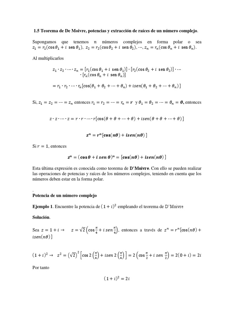 1.5 Teorema de de Moivre, Potencias y Extracción de Raíces de Un Número Complejo | PDF | Número ...