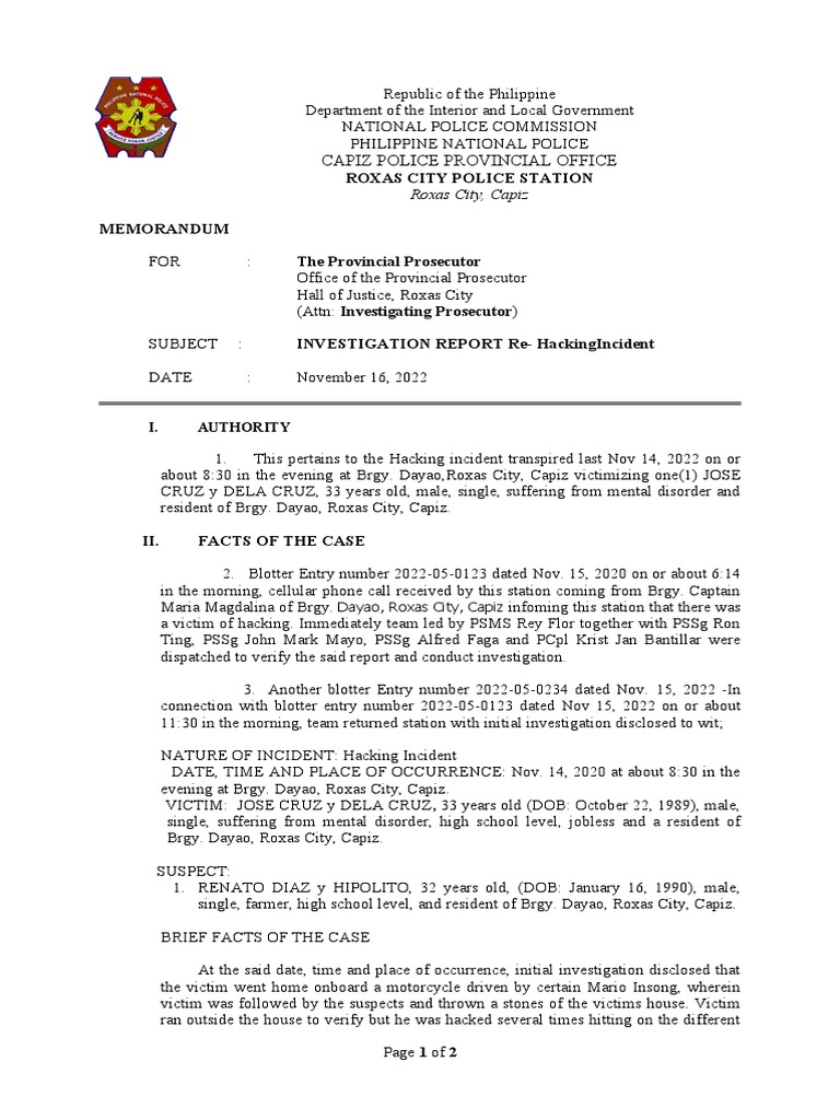 Investigation Report Sample in CDI 211 | Download Free PDF | Crimes ...