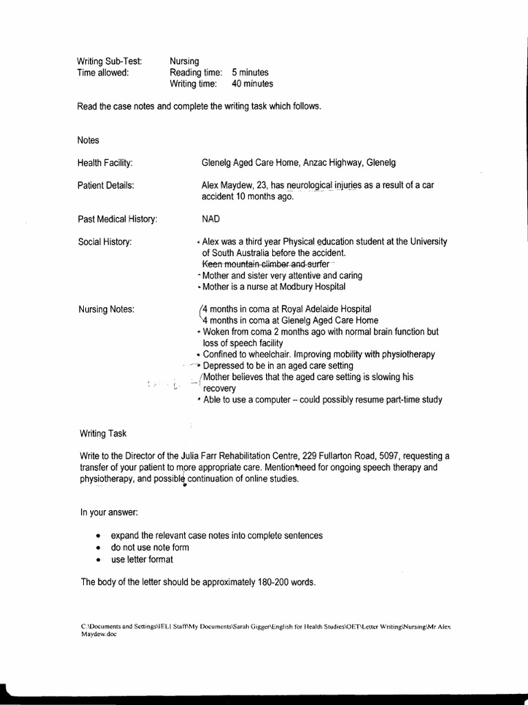 Alex Maydew Oet Writing Task Sample | PDF | Medical Specialties | Clinical Medicine