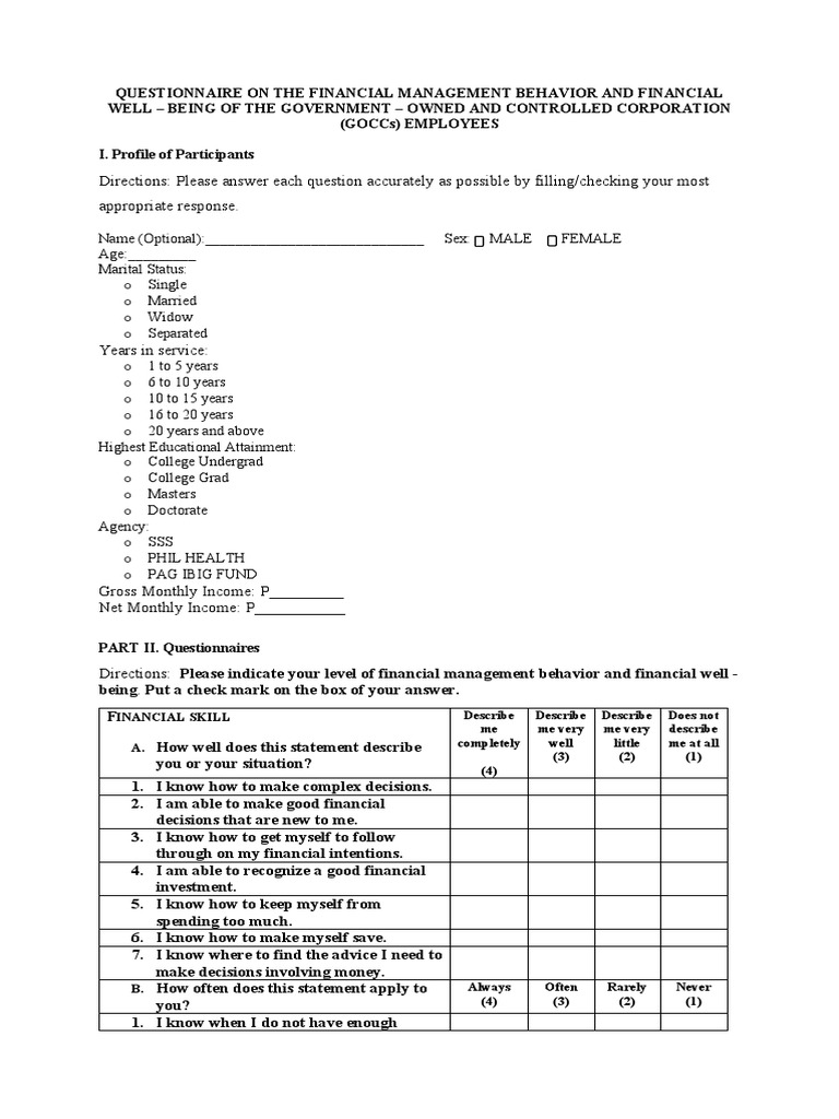 Reviewed QUESTIONNAIRE ON THE FINANCIAL MANAGEMENT BEHAVIOR AND ...