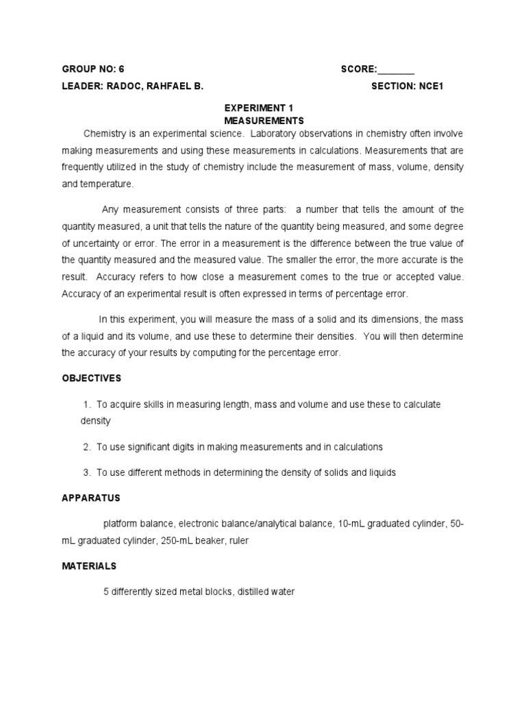GROUP 6 EXPERIMENT No.1 MEASUREMENT | PDF | Density | Measurement