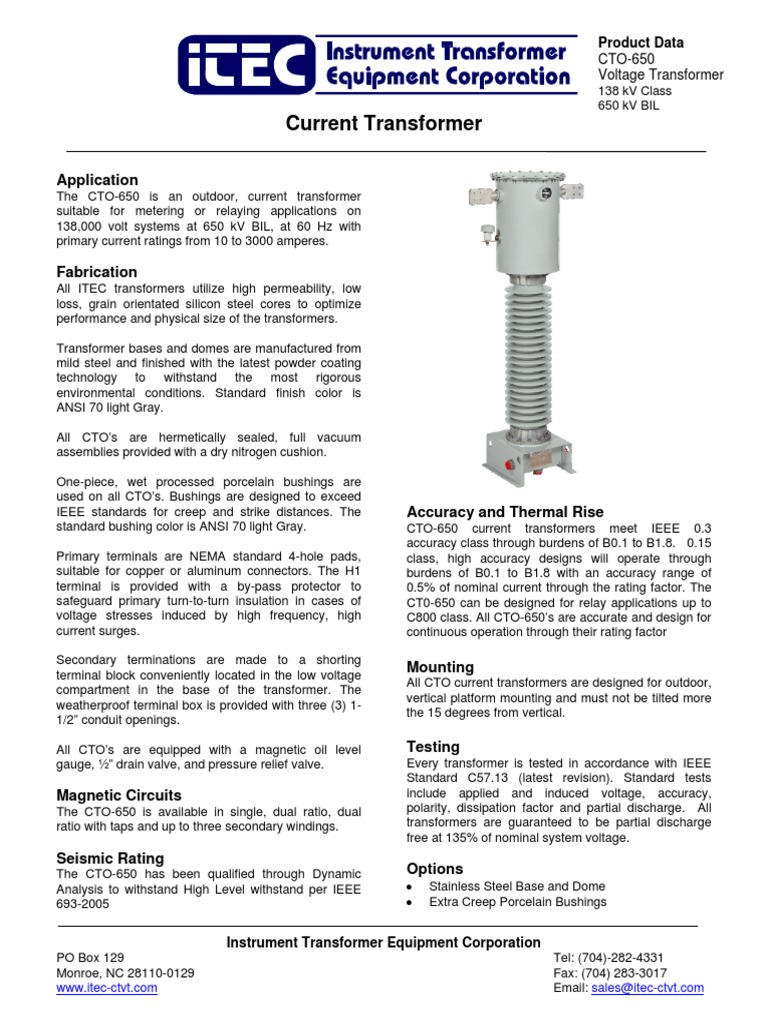 CTO 650 138 Current Transformer | PDF | Transformer | Electromagnetism